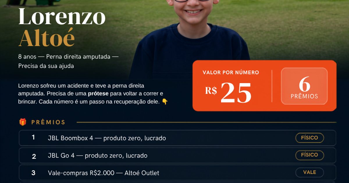 Rifa Online | Lorenzo altoe e sua prótese para recomeçar
